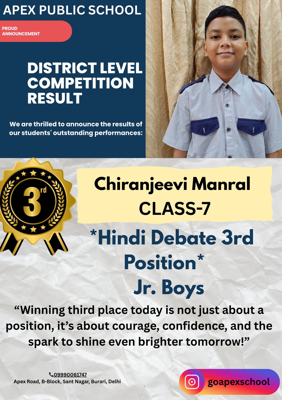 🏆 Victory in Voice: 3rd Place in Hindi Debate (Junior Boys) 🏆 – APEX PUBLIC SCHOOL